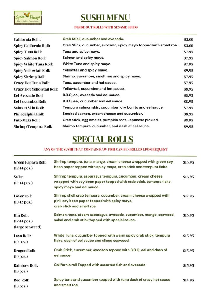 Sushi Menu – Green Papaya Cincinnati